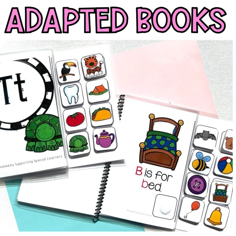 Alphabet Adapted Books, Sensory Bin Sorting Mats and Posters