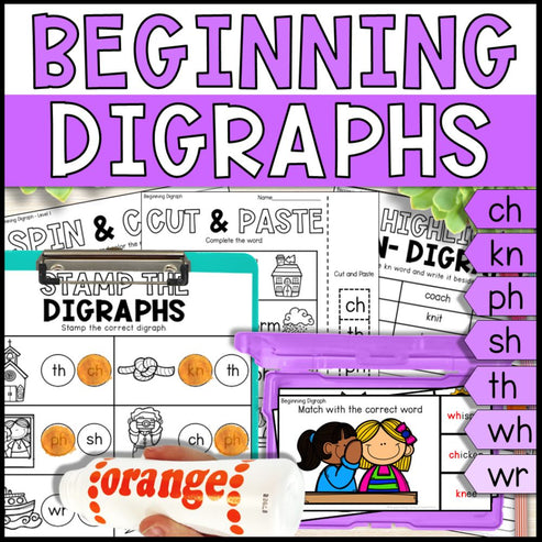 Beginning Digraphs – Adapted Books, No-Prep Worksheets, Task Cards