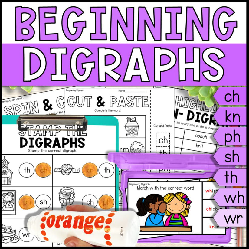 Beginning Digraphs – Adapted Books, No-Prep Worksheets, Task Cards