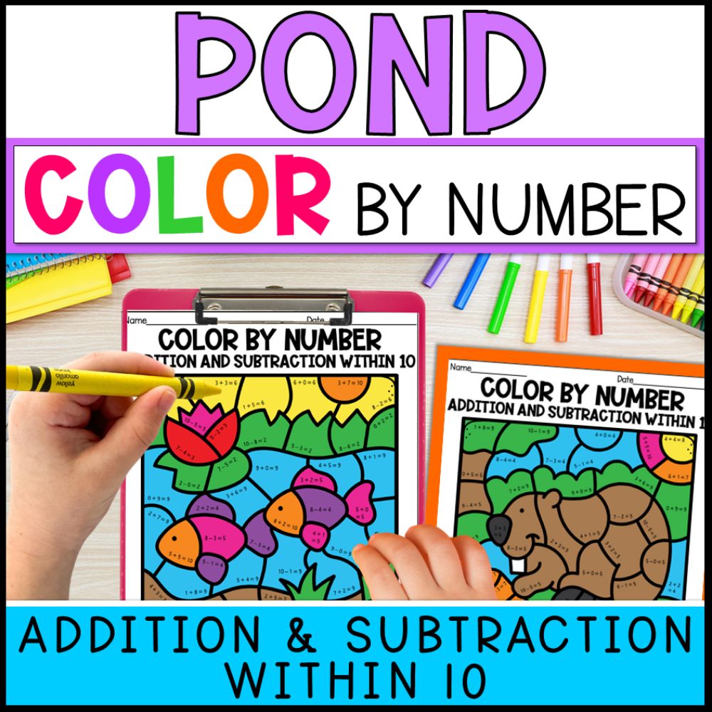 Color by Number Addition and Subtraction Within 10 - Pond Theme