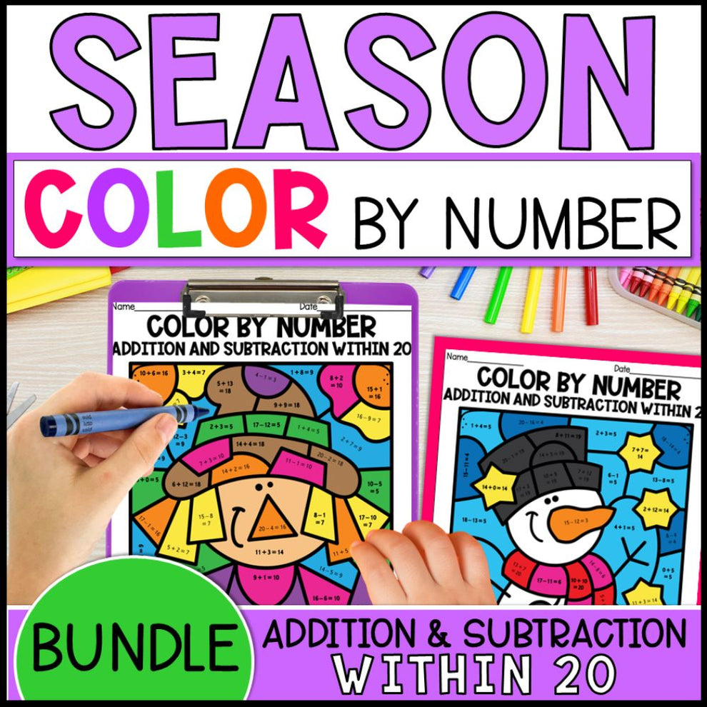 Color by Number Addition and Subtraction Within 20 - 4 Seasons