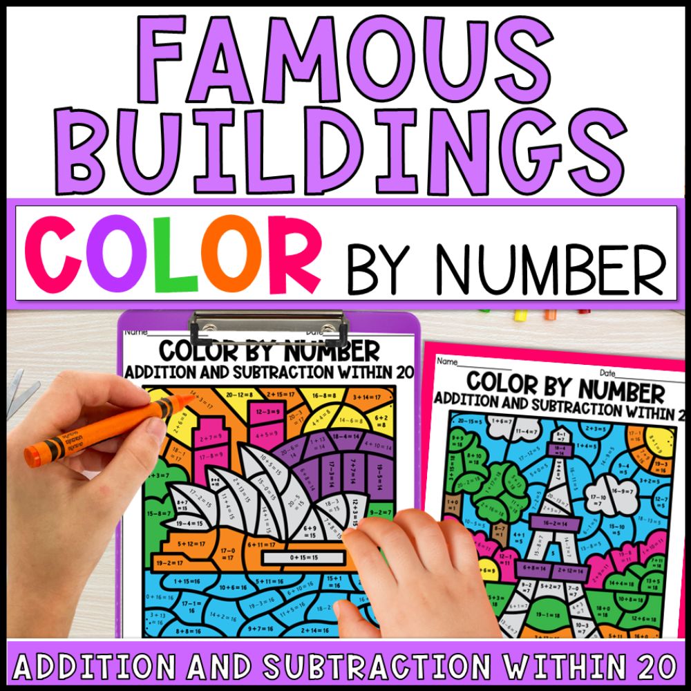 Color by Number Addition and Subtraction Within 20 - Famous Buildings