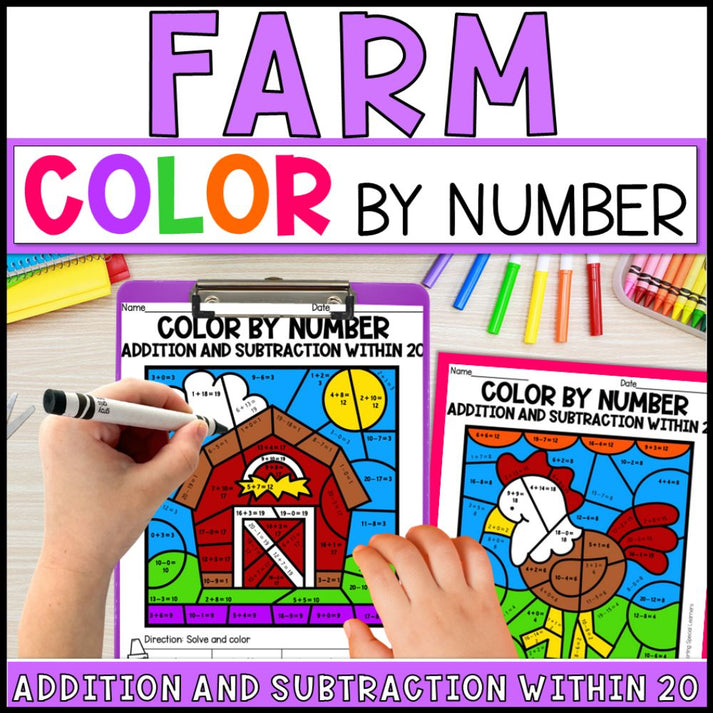 Color by Number Addition and Subtraction Within 20 - Farm Theme