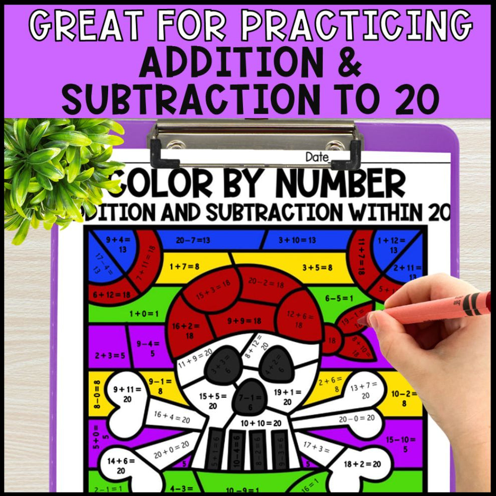 Color by Number Addition and Subtraction Within 20 - Pirate Theme