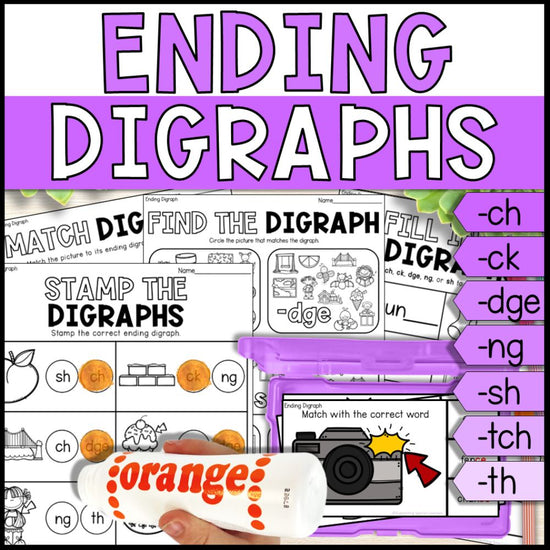 Ending Digraphs – Adapted Books, No Prep Worksheets and Task Cards