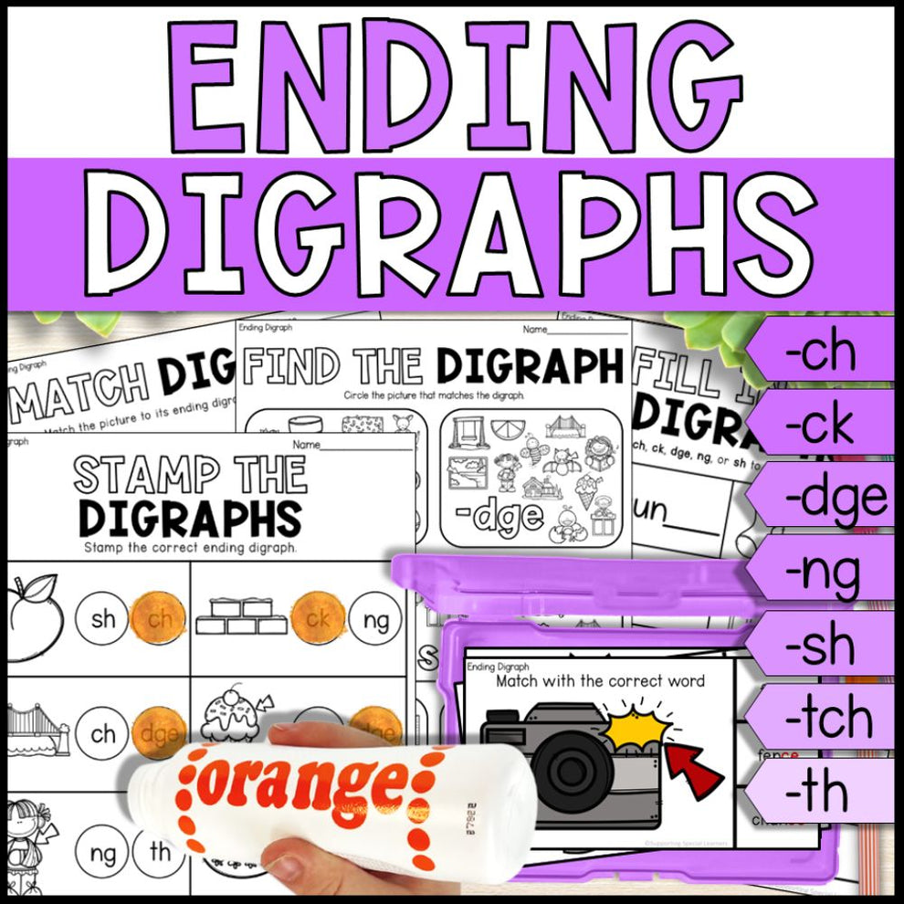 Ending Digraphs – Adapted Books, No Prep Worksheets and Task Cards